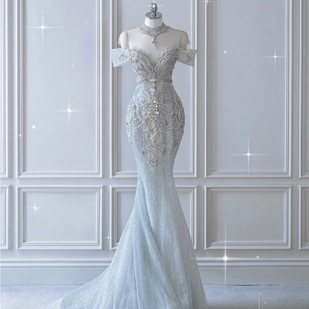 Elegant Silver Off-Shoulder Evening Gown - Gem